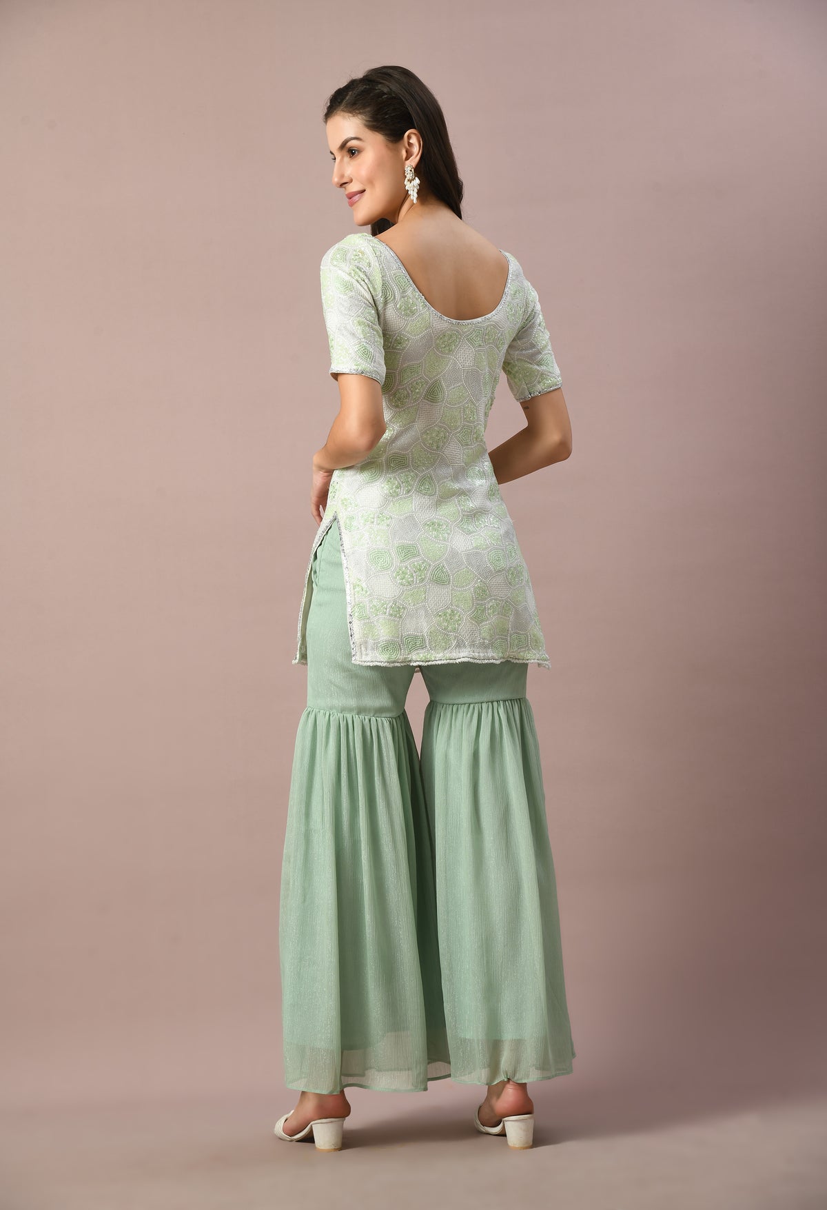 White-Green Gharara Set | Mezenor