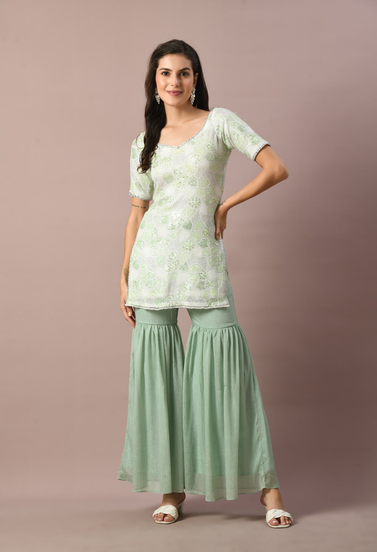 White-Green Gharara Set | Mezenor